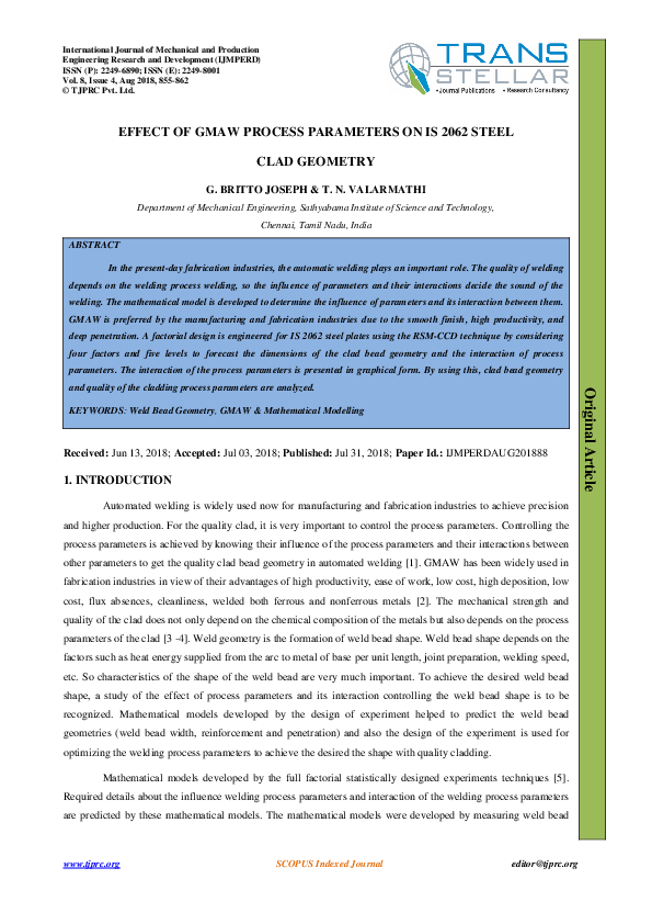 (PDF) EFFECT OF GMAW PROCESS PARAMETERS ON IS 2062 STEEL CLAD GEOMETRY | TJPRC Publication ...