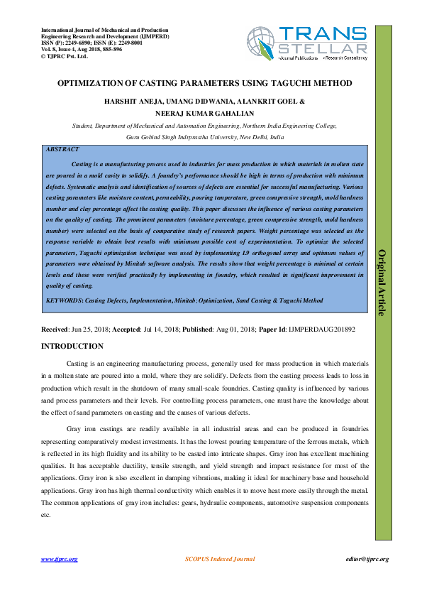 (PDF) OPTIMIZATION OF CASTING PARAMETERS USING TAGUCHI METHOD HARSHIT ANEJA, UMANG DIDWANIA ...