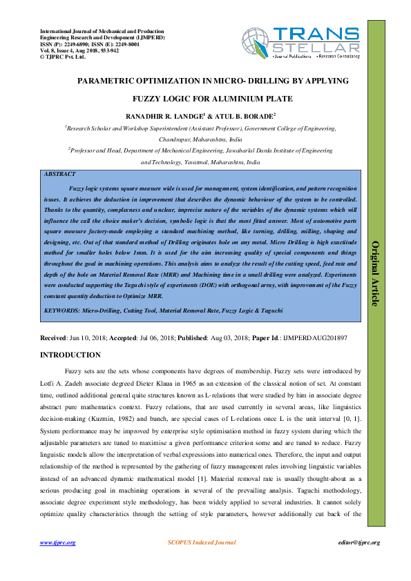 Pdf Parametric Optimization In Micro Drilling By Applying Fuzzy Logic