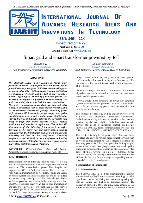 (PDF) Smart grid and smart transformer powered by IoT | Ijariit Journal ...