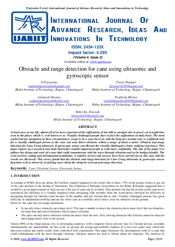 (PDF) Obstacle and range detection for cane using ultrasonic and ...