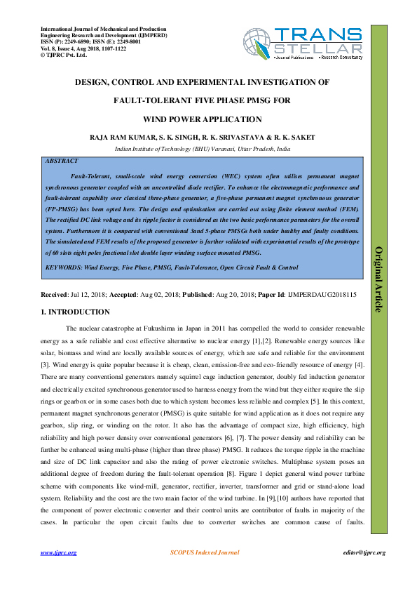 Pdf Design Control And Experimental Investigation Of Fault Tolerant Five Phase Pmsg For Wind