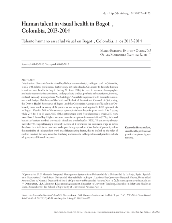 (PDF) Human talent in visual health in Bogotá, Colombia, 2013-2014
