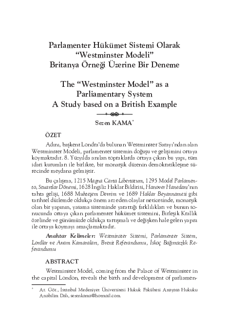 (PDF) Parlamenter Hükümet Sistemi Olarak " Westminster Modeli ...