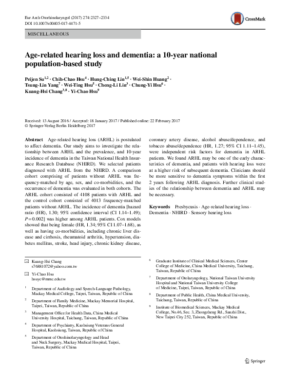 (PDF) Age-related hearing loss and dementia: a 10-year national ...