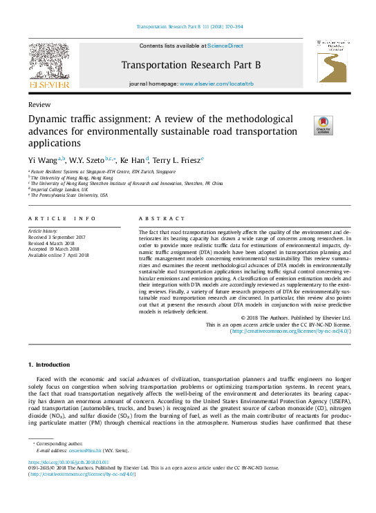 Pdf Dynamic Traffic Assignment A Review Of The Methodological Advances For Environmentally