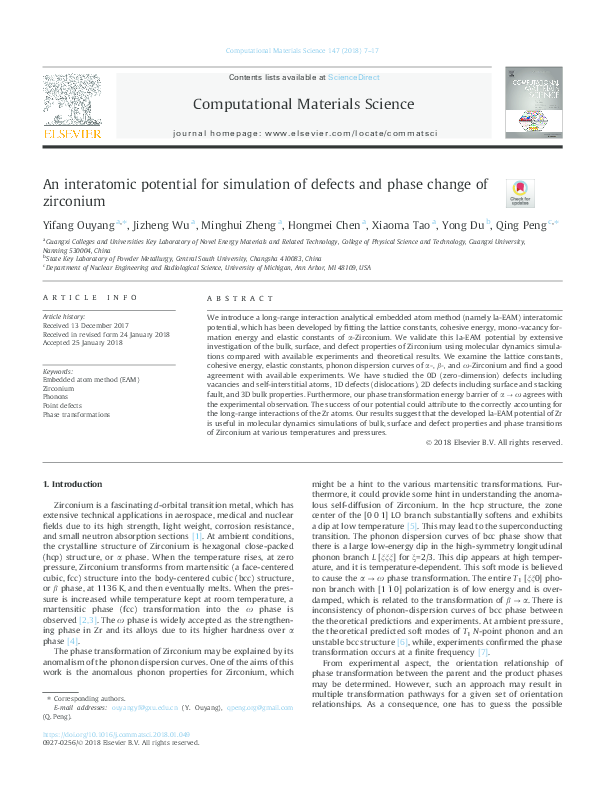 (PDF) An interatomic potential for simulation of defects and phase change of zirconium