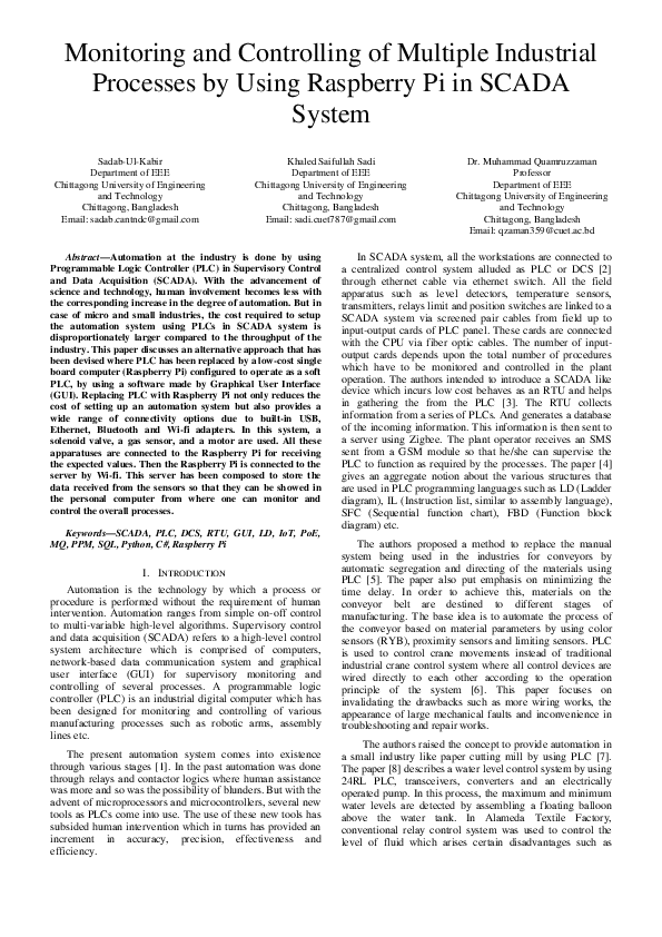 Pdf Monitoring And Controlling Of Multiple Industrial Processes By Using Raspberry Pi In Scada