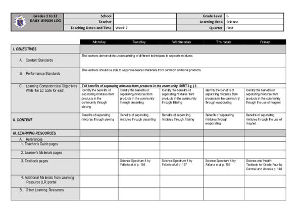 (DOC) Grades 1 to 12 DAILY LESSON LOG