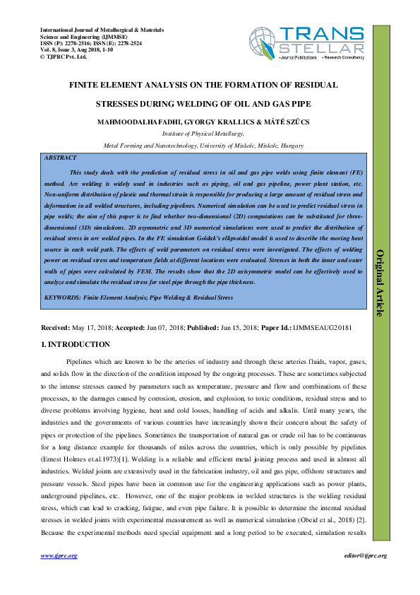 (PDF) FINITE ELEMENT ANALYSIS ON THE FORMATION OF RESIDUAL STRESSES DURING WELDING OF OIL AND ...
