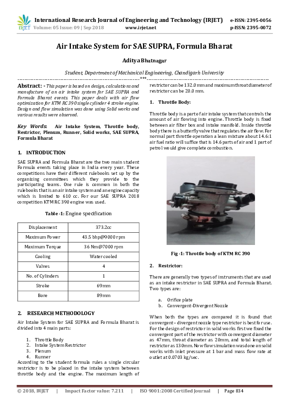 (PDF) IRJET- Air Intake System for SAE SUPRA, Formula Bharat