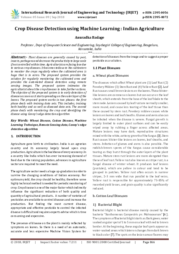 (PDF) IRJET- Crop Disease Detection using Machine Learning : Indian ...