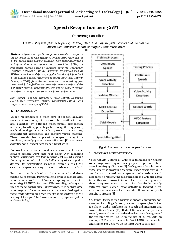 (PDF) IRJET- Speech Recognition using SVM