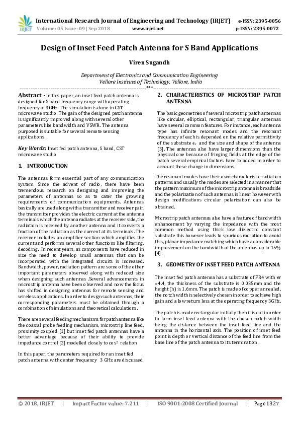 IRJET- Design of Inset Feed Patch Antenna for S Band Applications