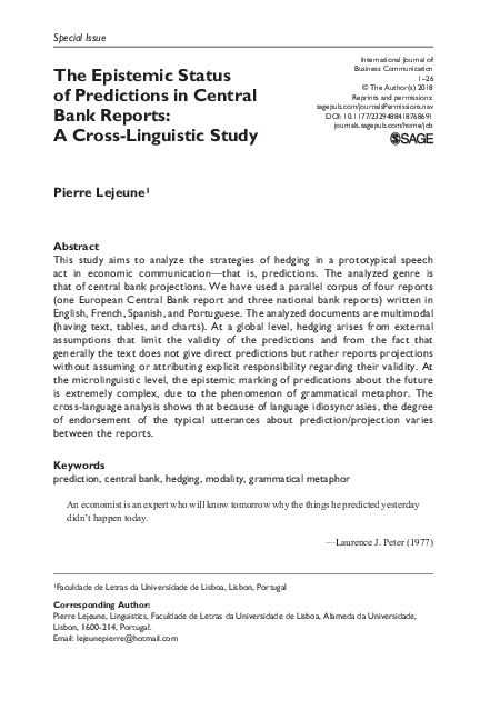 (PDF) The Epistemic Status of Predictions in Central Bank Reports: A Cross-Linguistic Study