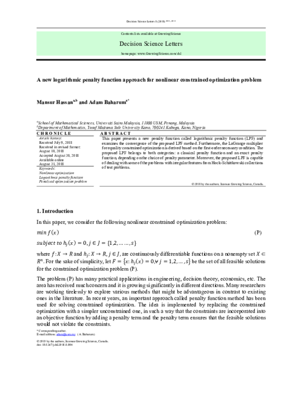 A New Logarithmic Penalty Function Approach For Nonlinear Constrained Optimization Problem