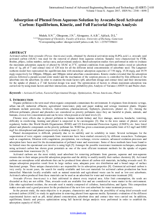 (PDF) Adsorption of Phenol from Aqueous Solution by Avocado Seed Activated Carbon: Equilibrium ...