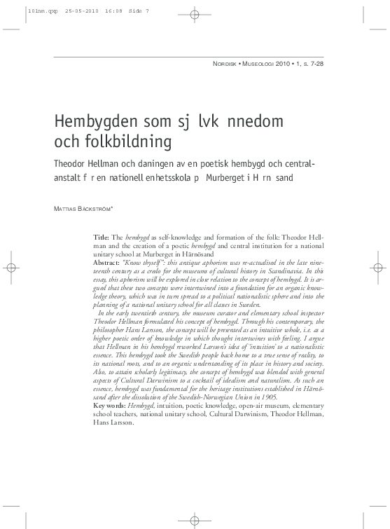 (PDF) Hembygden som självkännedom och folkbildning. Theodor Hellman och ...