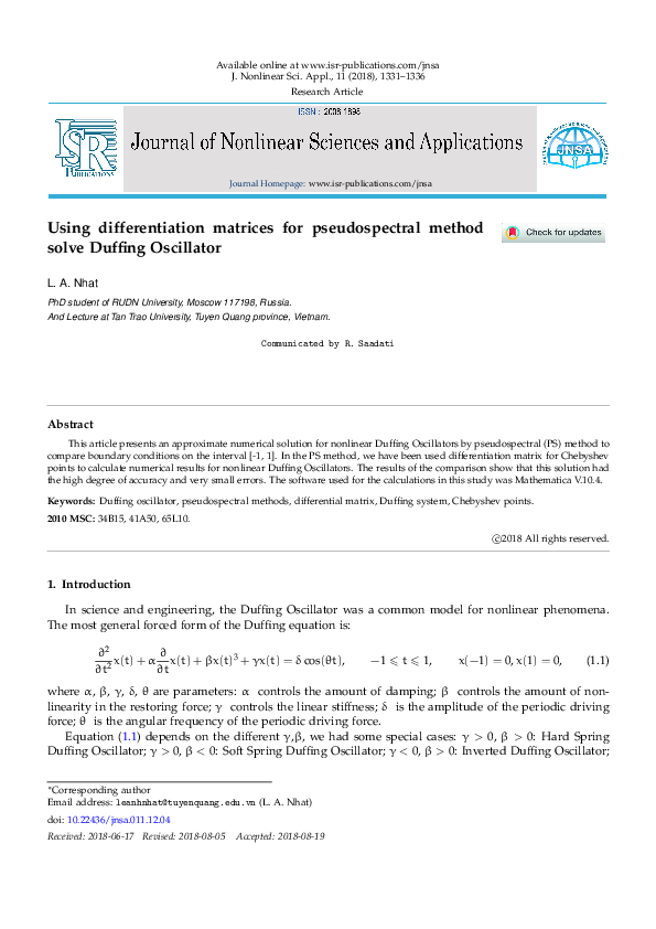 (PDF) Using differentiation matrices for pseudospectral method solve Duffing Oscillator