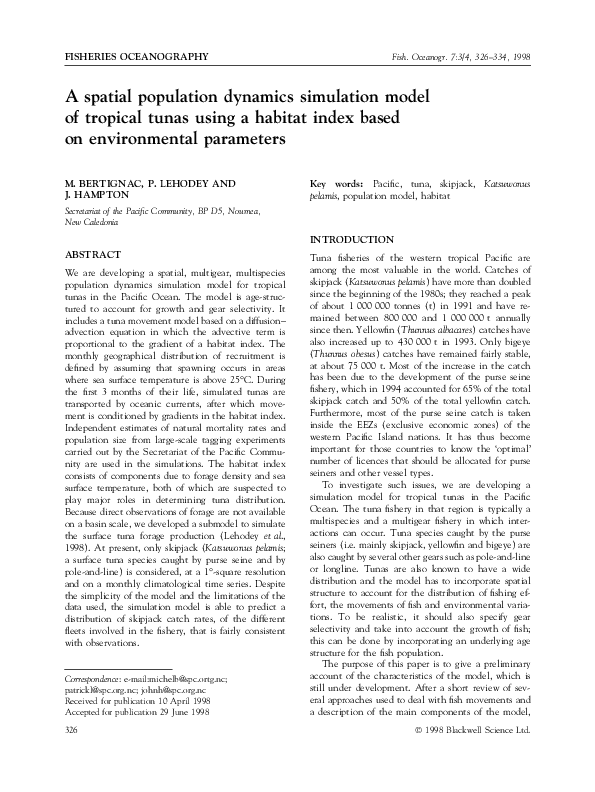 Pdf A Spatial Population Dynamics Simulation Model Of Tropical Tunas Using A Habitat Index