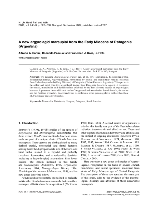 (PDF) Carlini AA, Pascual R, Goin FJ (2007) A new argyrolagid marsupial ...