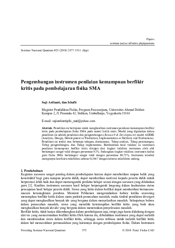 (PDF) Pengembangan instrumen penilaian kemampuan berfikir kritis pada pembelajaran fisika SMA