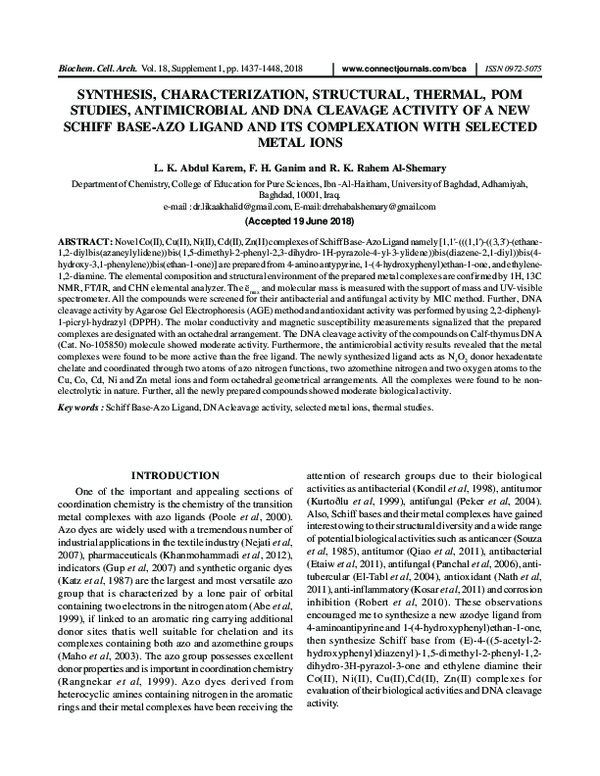 (PDF) SYNTHESIS, CHARACTERIZATION, STRUCTURAL, THERMAL, POM STUDIES, ANTIMICROBIAL AND DNA ...