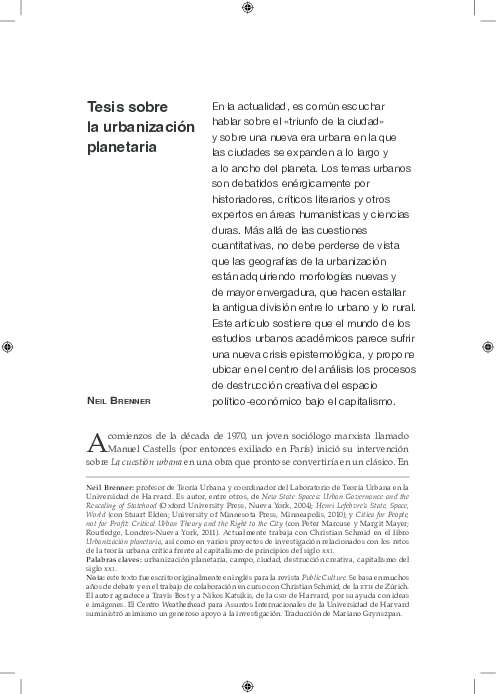 (PDF) Neil Brenner, “Tesis sobre la urbanización planetaria,” Nueva ...