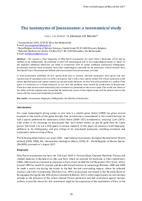(PDF) The tautonyms of Jousseaume, a taxonomical study