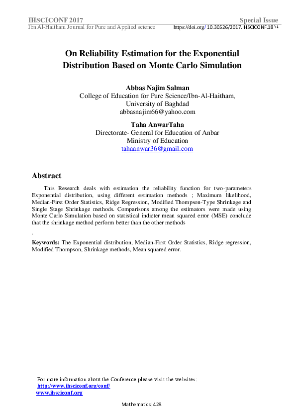 Pdf On Reliability Estimation For The Exponential Distribution Based On Monte Carlo Simulation