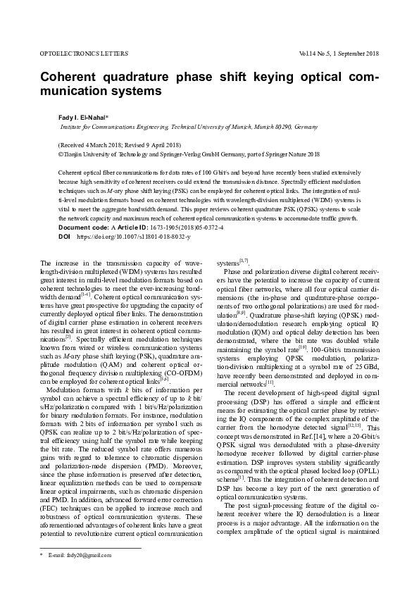 (PDF) Coherent quadrature phase shift keying optical communication systems