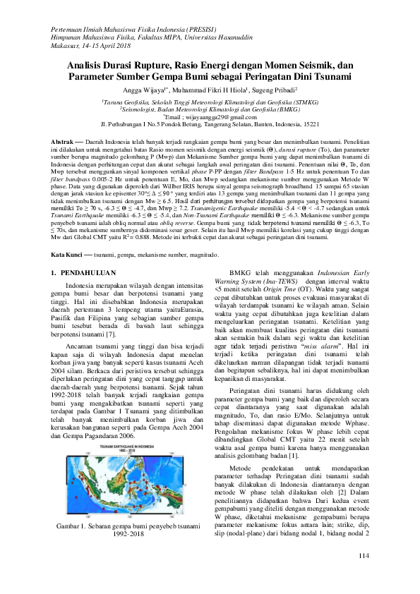(PDF) Analisis Durasi Rupture, Rasio Energi dengan Momen Seismik, dan Parameter Sumber Gempa ...