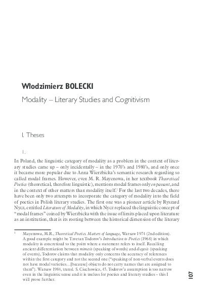 (PDF) Modality – Literary Studies and Cognitivism