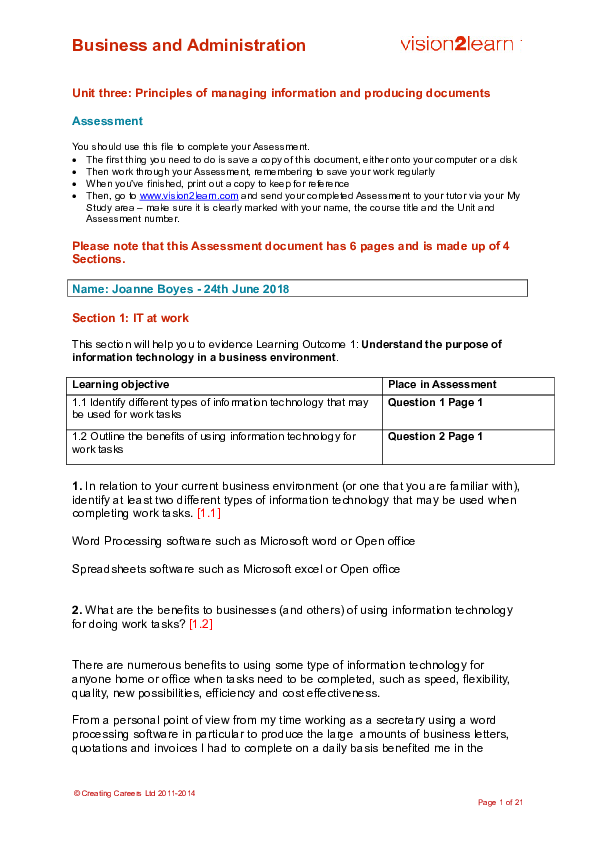 (DOC) Unit three: Principles of managing information and producing ...