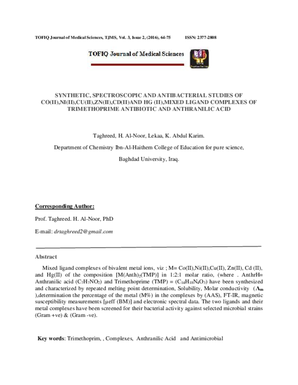 (PDF) Synthesis, Physico-Chemical and Antimicrobial Activities Co(II),Ni (II) ,Cu(II), Zn(II),Cd ...