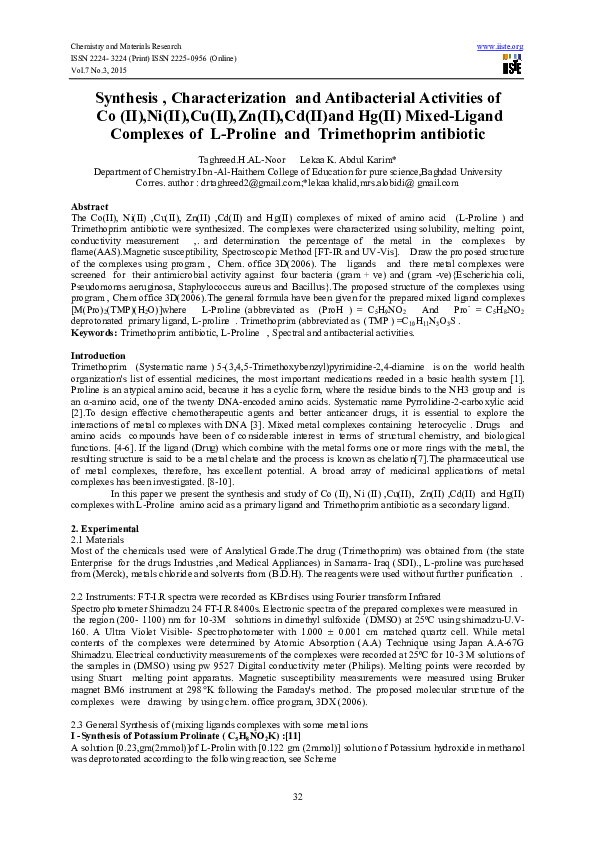 (PDF) Synthesis , Characterization and Antibacterial Activities of Co (II),Ni(II),Cu(II),Zn(II ...