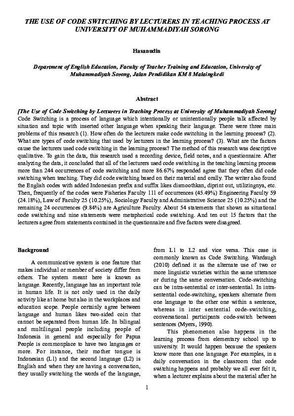 (PDF) The Use of Code Switching by Lecturers in Teaching Process at ...