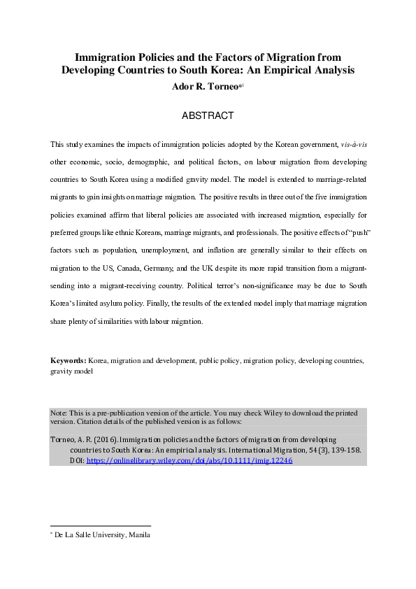 (PDF) Immigration Policies and the Factors of Migration from Developing ...