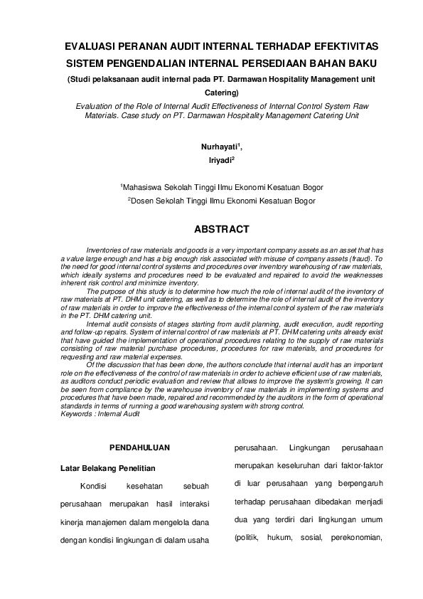 (PDF) EVALUASI PERANAN AUDIT INTERNAL TERHADAP EFEKTIVITAS SISTEM PENGENDALIAN INTERNAL ...