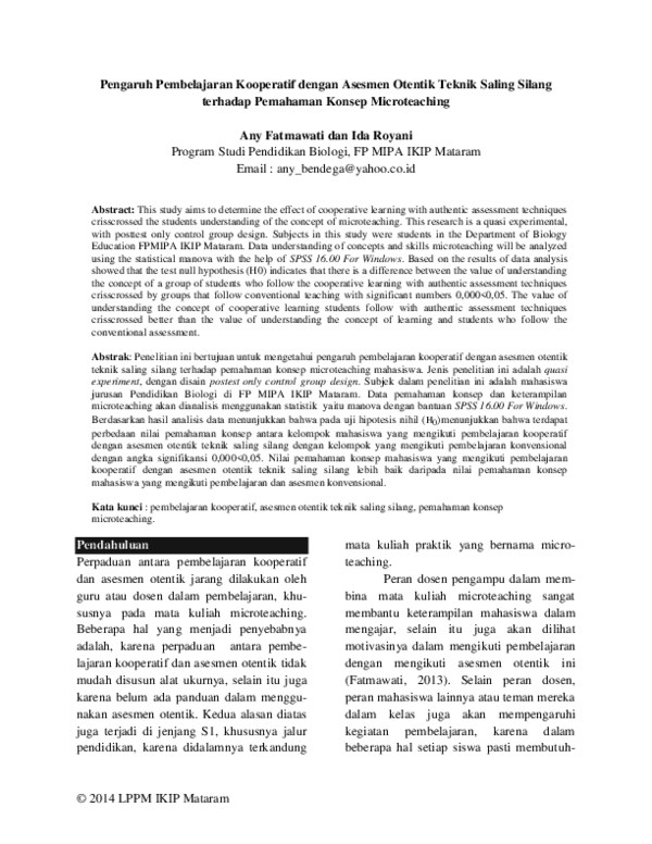 (PDF) Pengaruh Pembelajaran Kooperatif dengan Asesmen Otentik Teknik Saling Silang terhadap ...