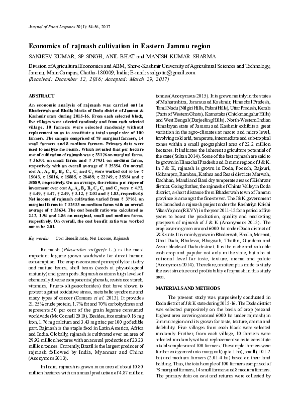 (PDF) Economics of rajmash cultivation in Eastern Jammu region