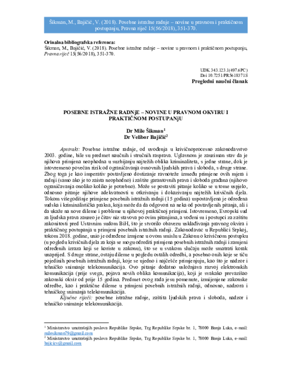 (PDF) POSEBNE ISTRAŽNE RADNjE – NOVINE U PRAVNOM OKVIRU I PRAKTIČNOM POSTUPANjU