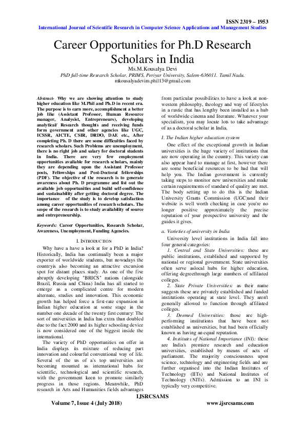 (PDF) Career Opportunities for Ph.D Research Scholars in India