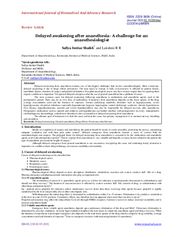 (PDF) Delayed awakening after anaesthesia-A challenge for an ...