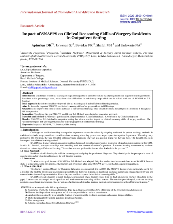 (PDF) SNAPPS Effect on Surgery Residents' Reasoning