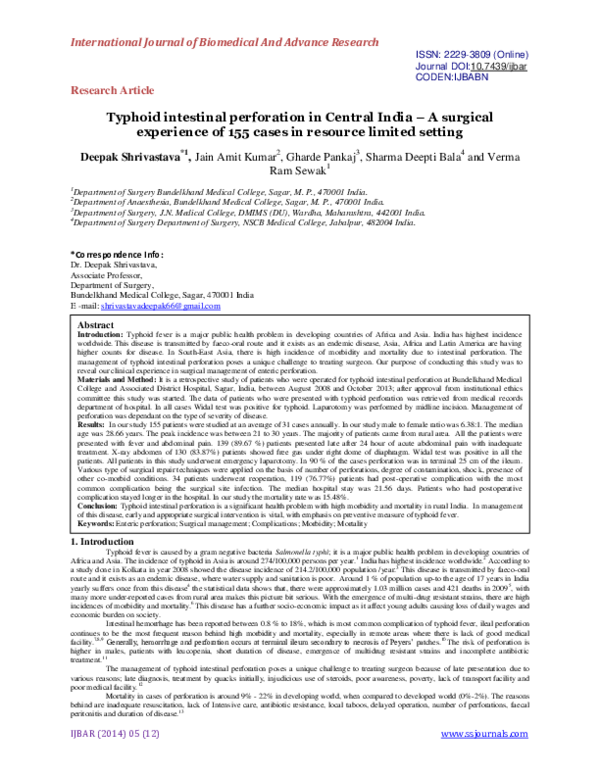 (PDF) Typhoid intestinal perforation in Central India – A surgical ...