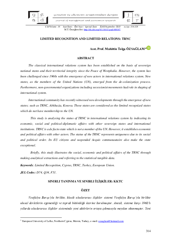 (PDF) LIMITED RECOGNITION AND LIMITED RELATIONS: TRNC