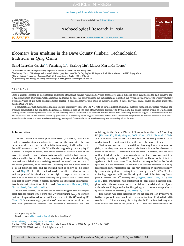 (PDF) Bloomery iron smelting in the Daye County (Hubei): Technological ...