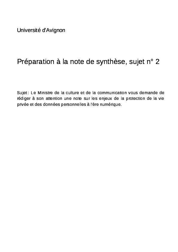 (PDF) Sujet 2 Note de synthèse M1 Avignon