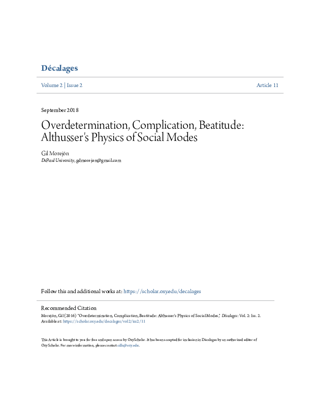 (PDF) Overdetermination, Complication, Beatitude: Althusser's Physics ...